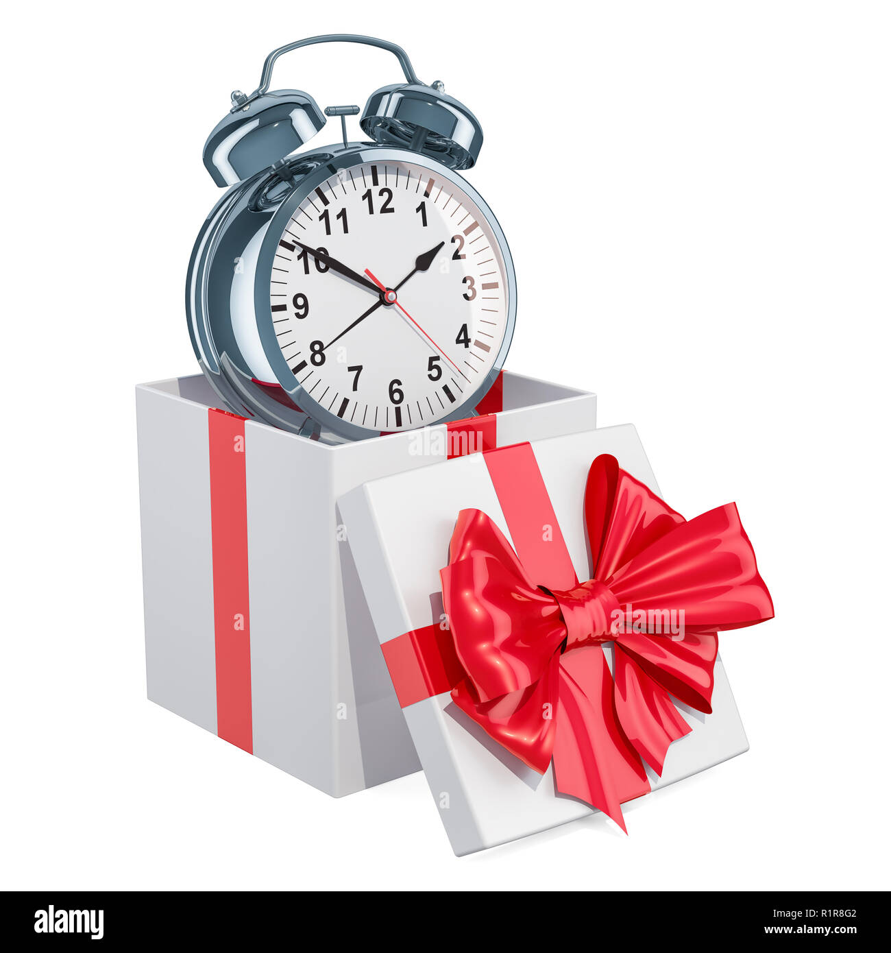 Alarm clock inside gift box, gift concept. 3D rendering isolated on ...