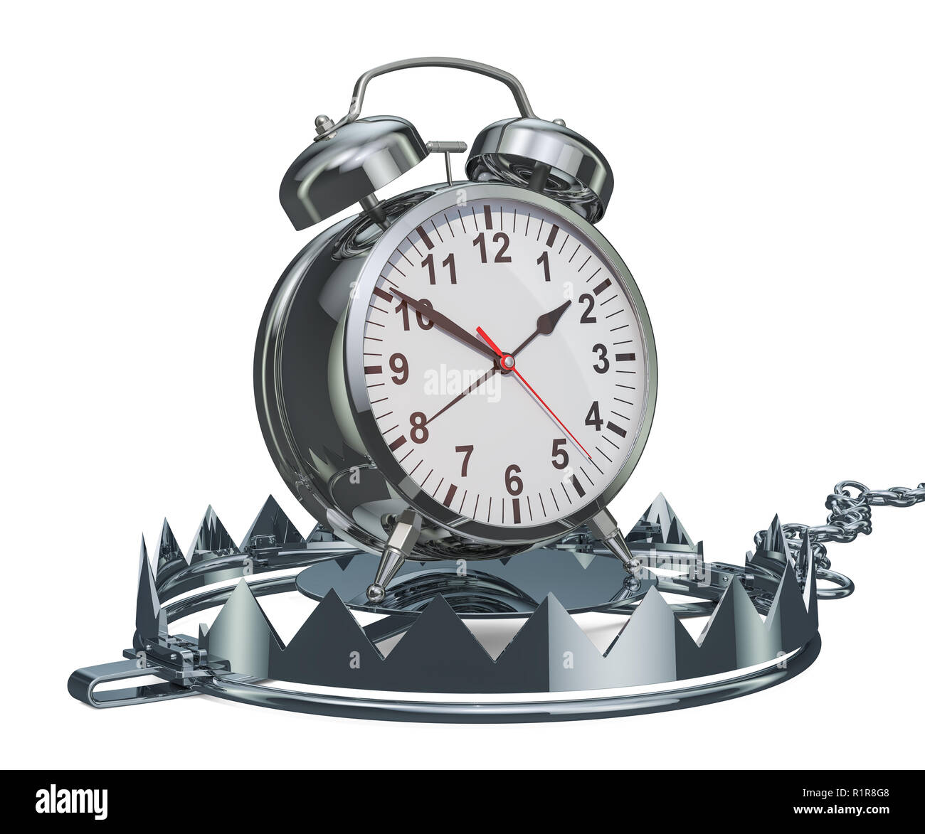 Alarm clock inside trap, 3D rendering isolated on white background ...