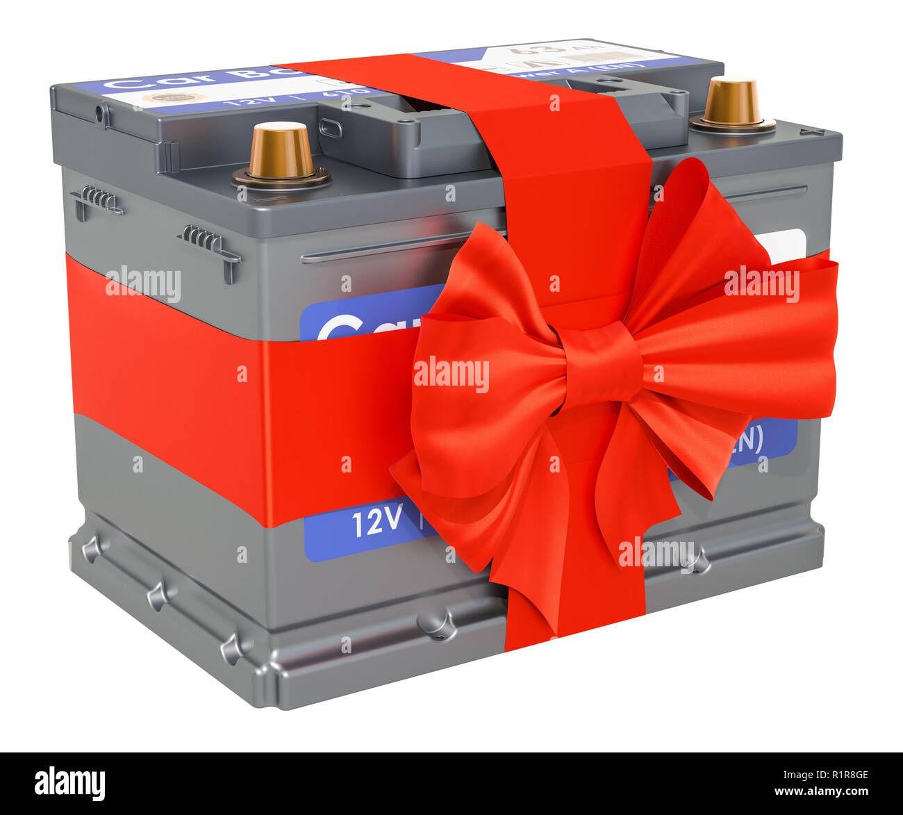 Car battery with bow and ribbon, gift concept. 3D rendering isolated on ...
