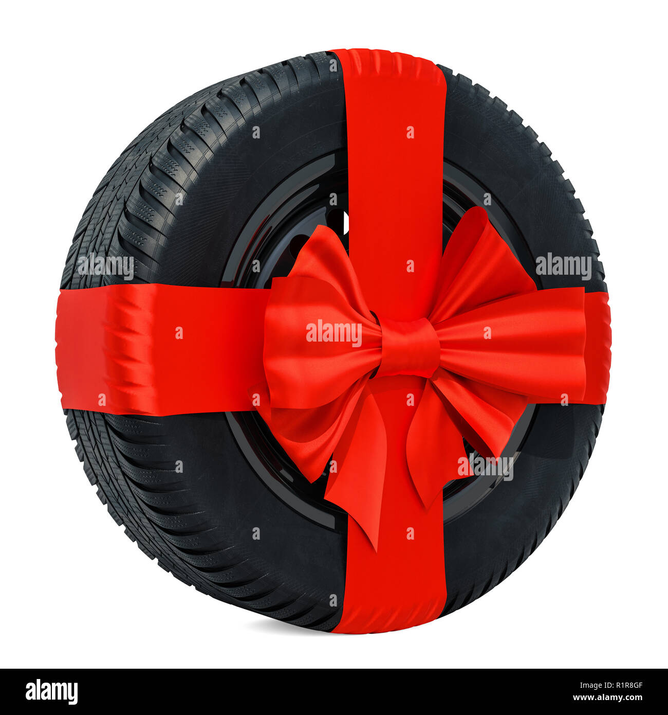 Car wheel wrapped ribbon and bow, gift concept. 3D rendering isolated ...