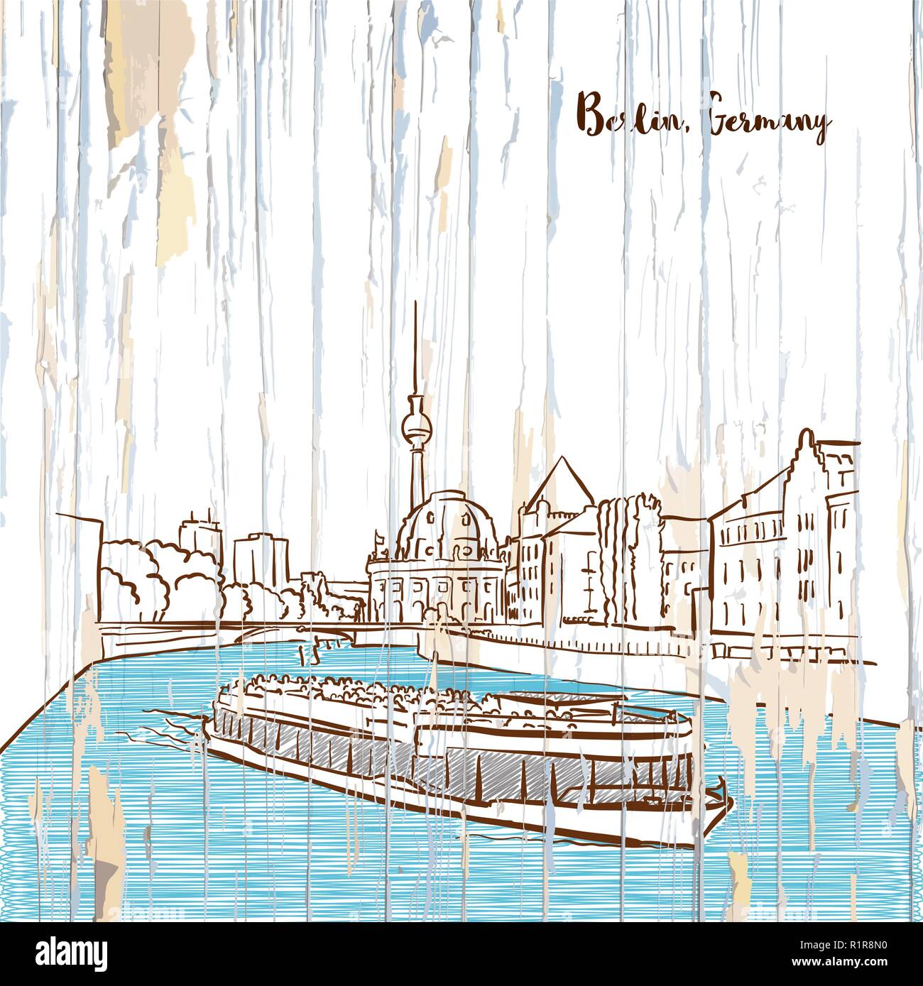 Berlin skyline drawing on wooden background. Hand-drawn vector vintage ...