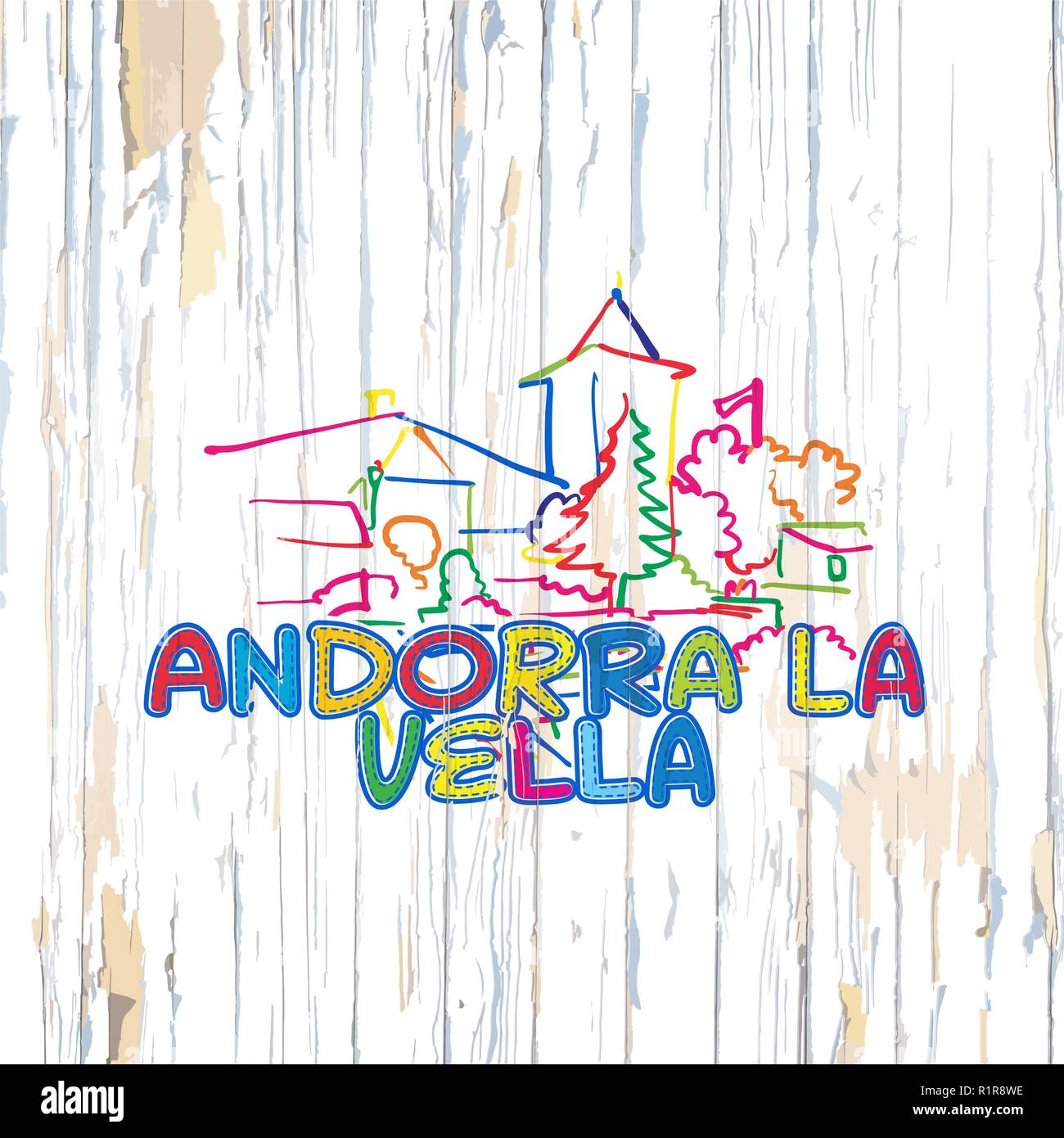 Colorful Andorra drawing on wooden background. Hand drawn vector ...