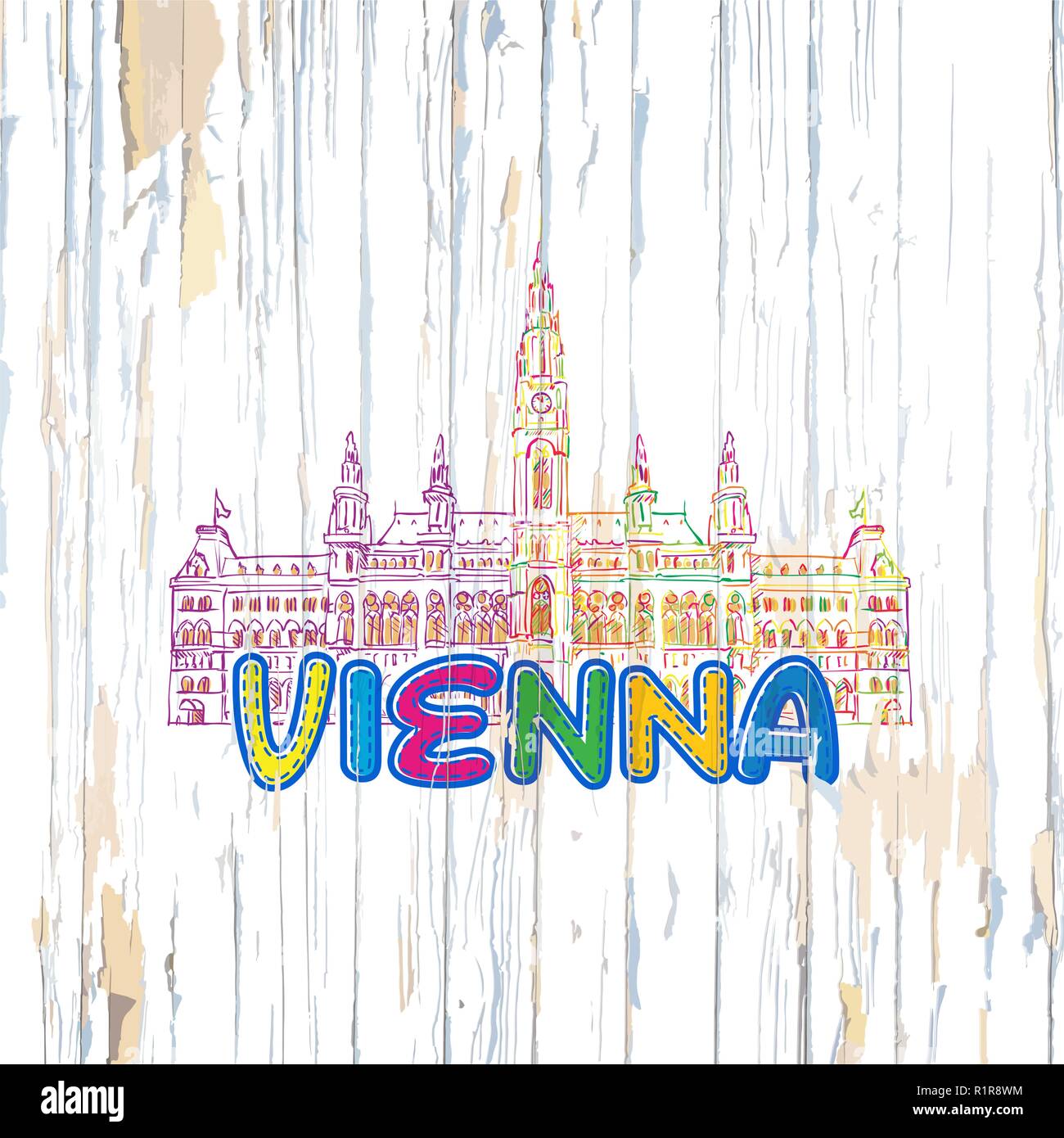 Colorful Vienna drawing on wooden background. Hand drawn vector ...