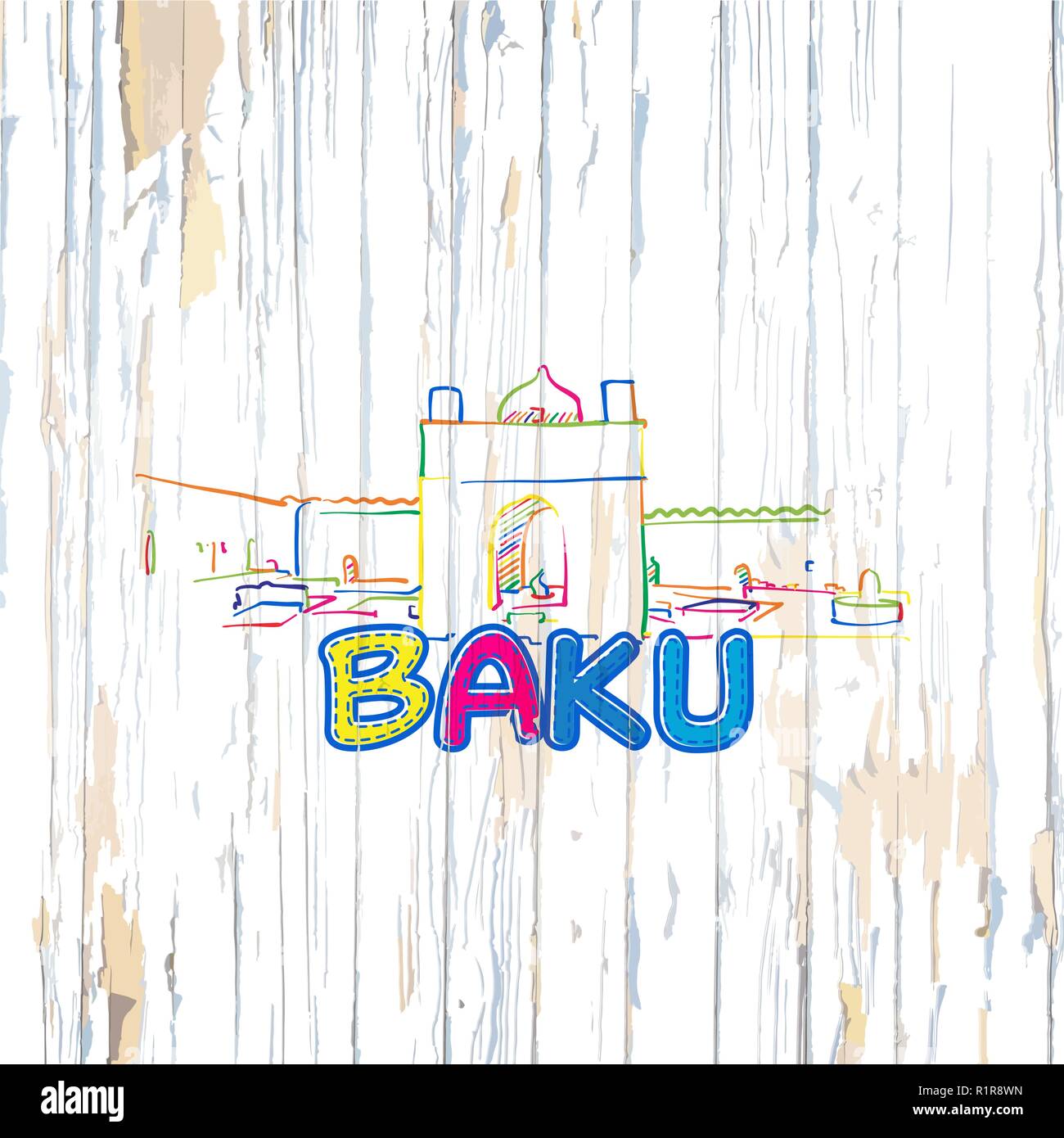Colorful Baku drawing on wooden background. Hand drawn vector ...