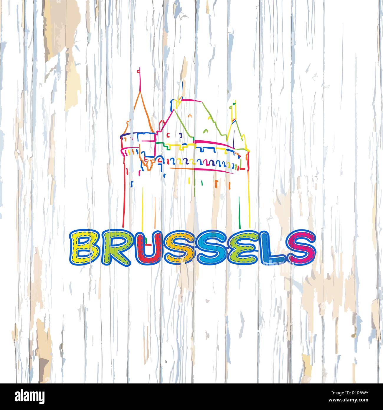 Colorful Brussels drawing on wooden background. Hand drawn vector ...