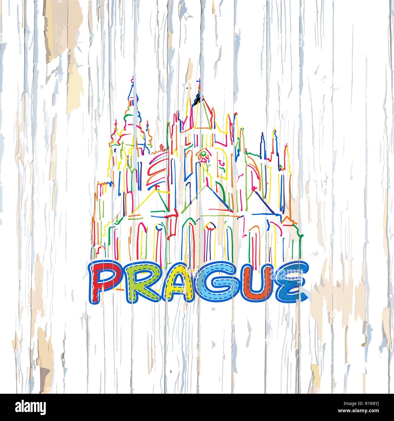 Colorful Prague drawing on wooden background. Hand drawn vector ...