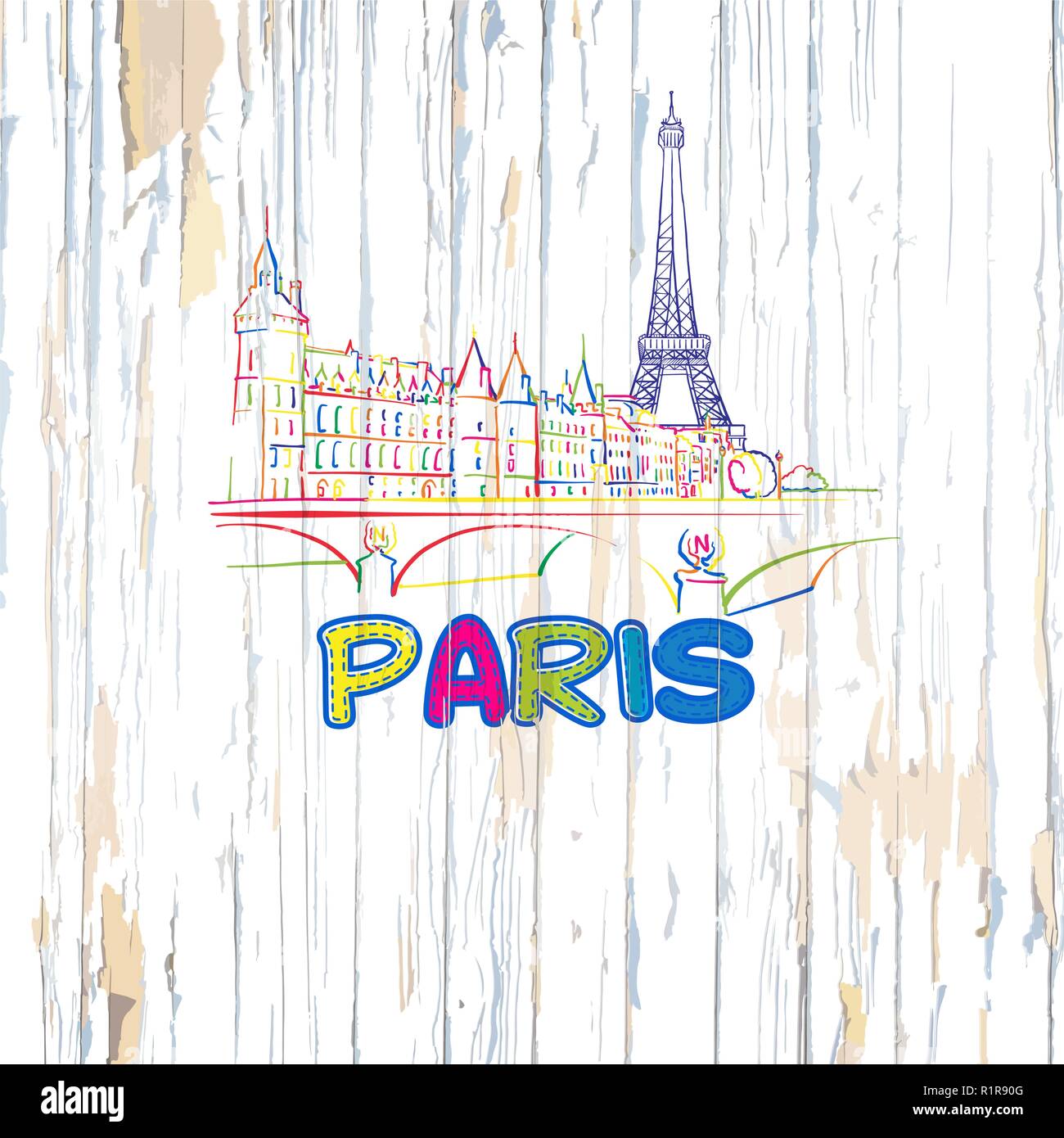 Colorful Paris drawing on wooden background. Hand drawn vector ...