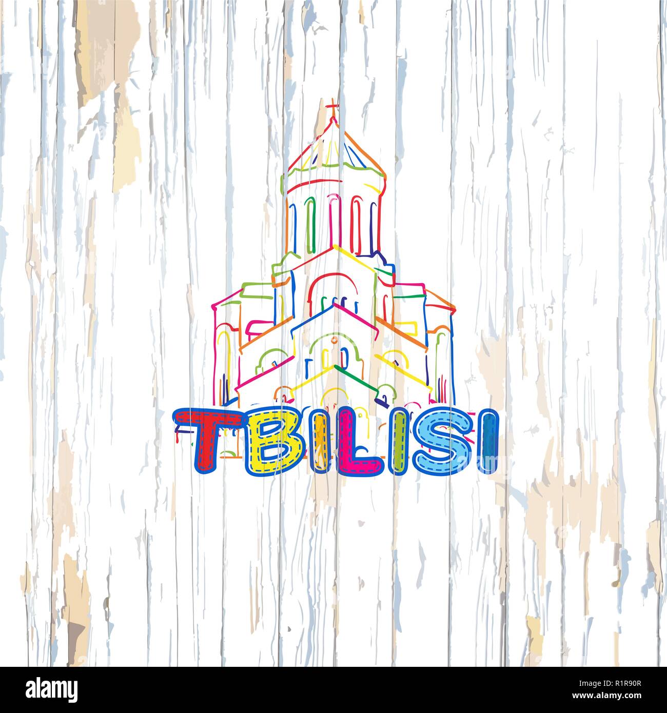 Colorful Tbilisi drawing on wooden background. Hand drawn vector ...