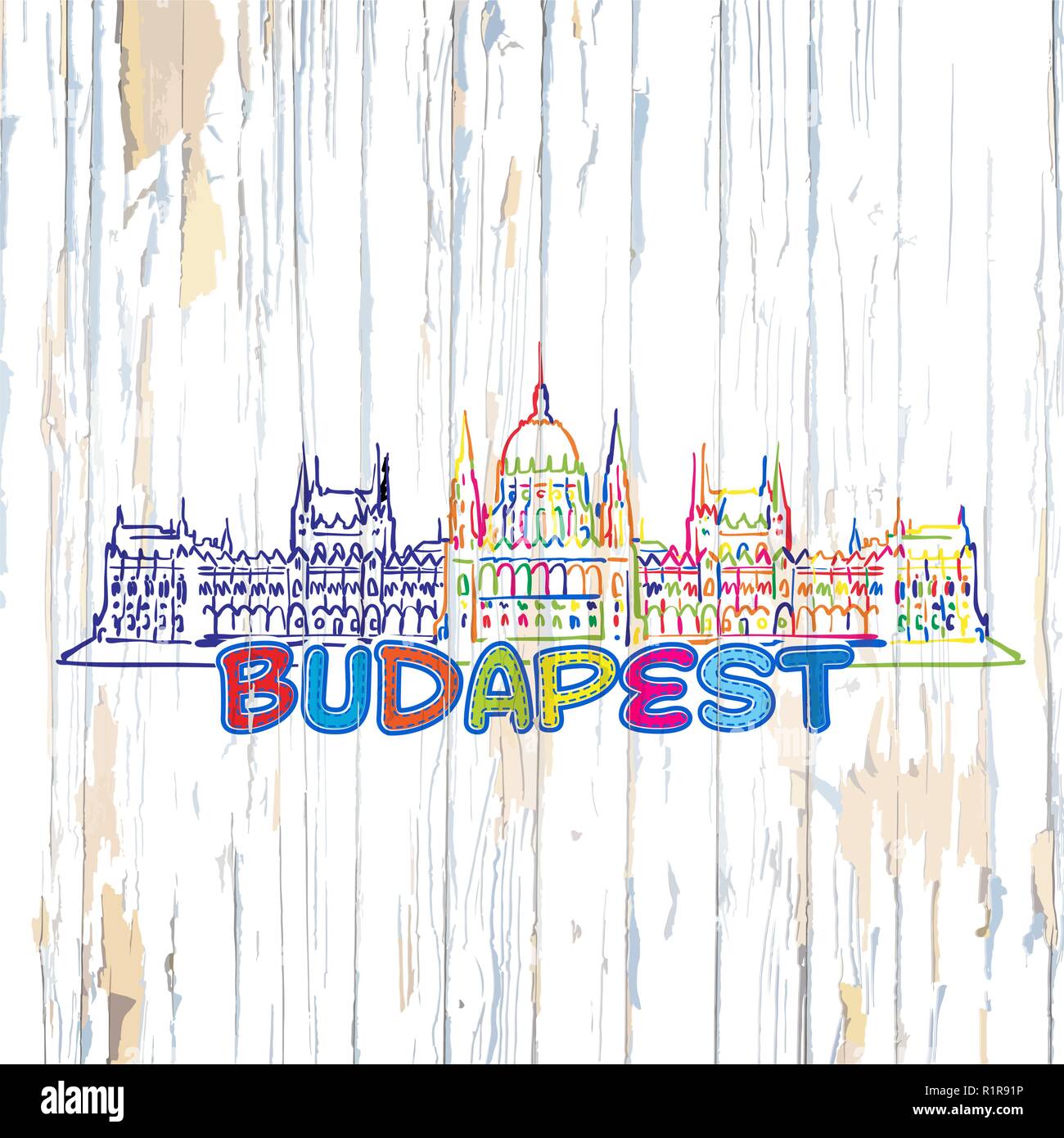 Colorful Budapest drawing on wooden background. Hand drawn vector ...