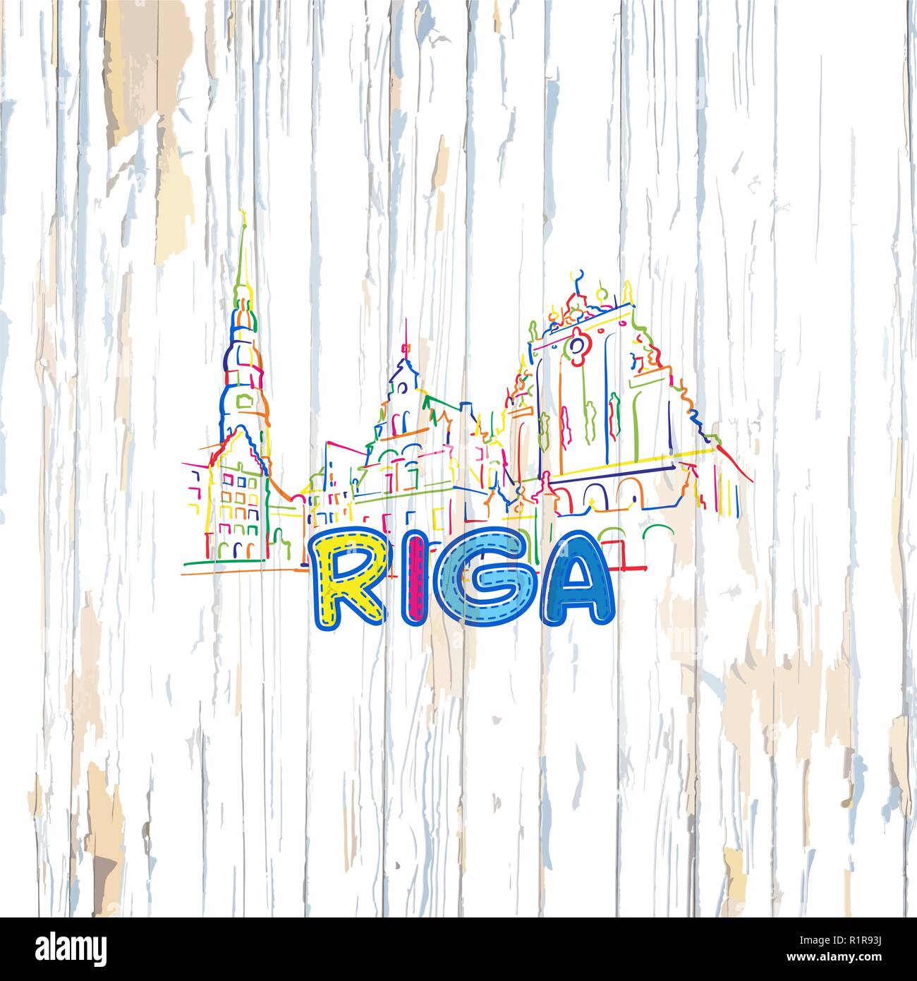 Colorful Riga drawing on wooden background. Hand drawn vector ...