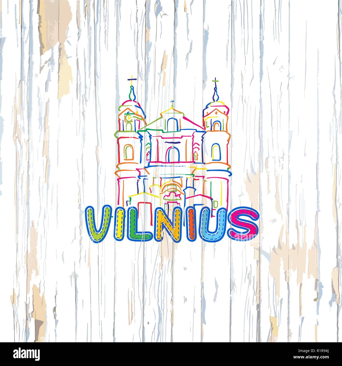 Colorful Vilnius drawing on wooden background. Hand drawn vector ...