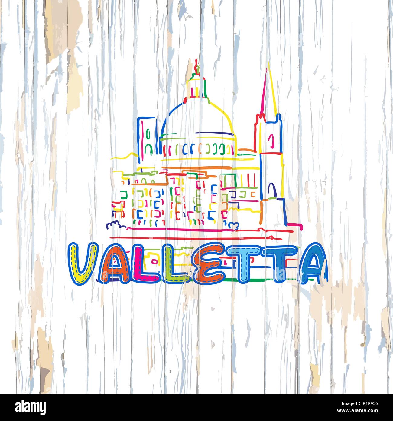Colorful Valetta drawing on wooden background. Hand drawn vector ...