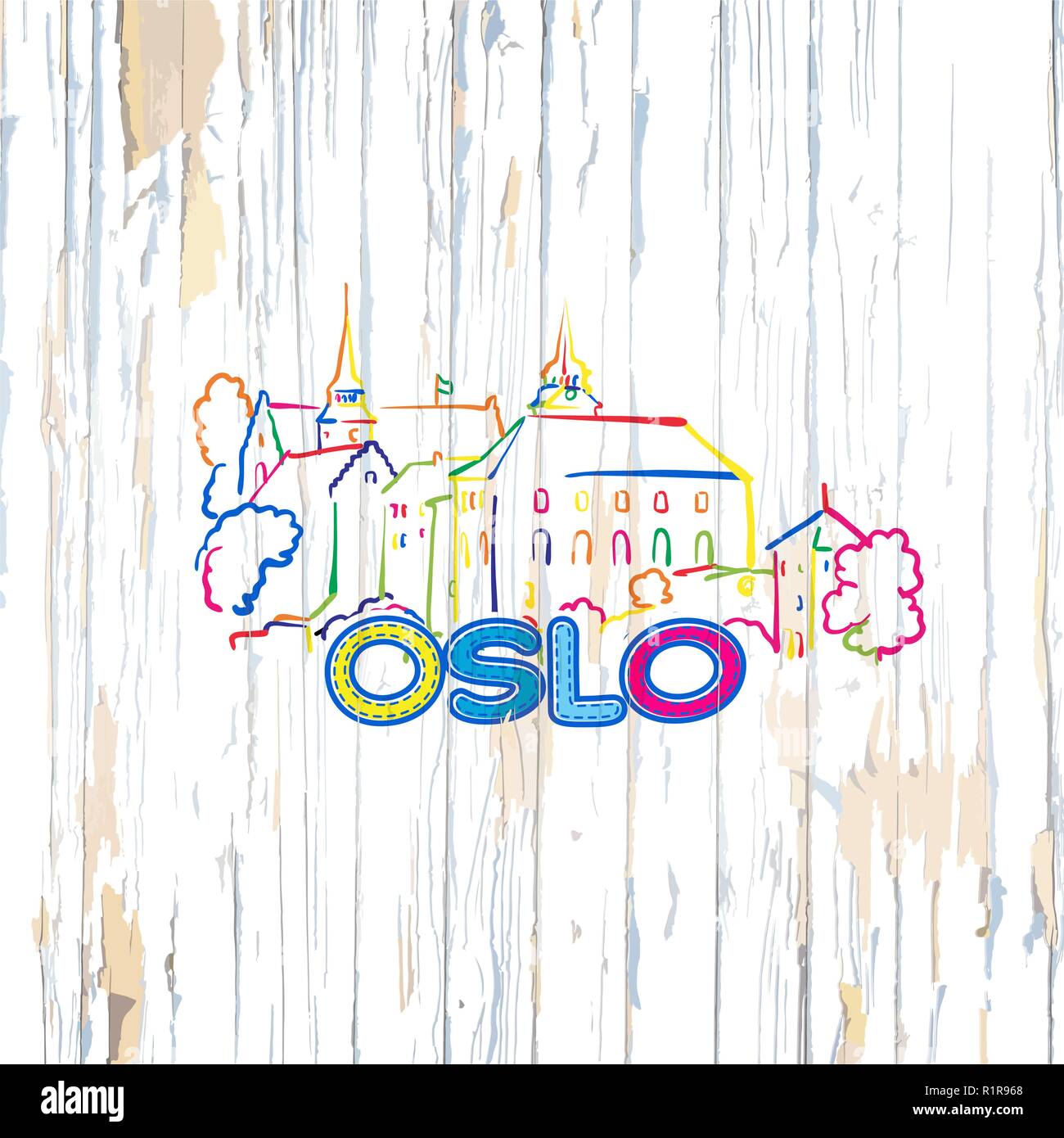 Colorful Oslo drawing on wooden background. Hand drawn vector ...