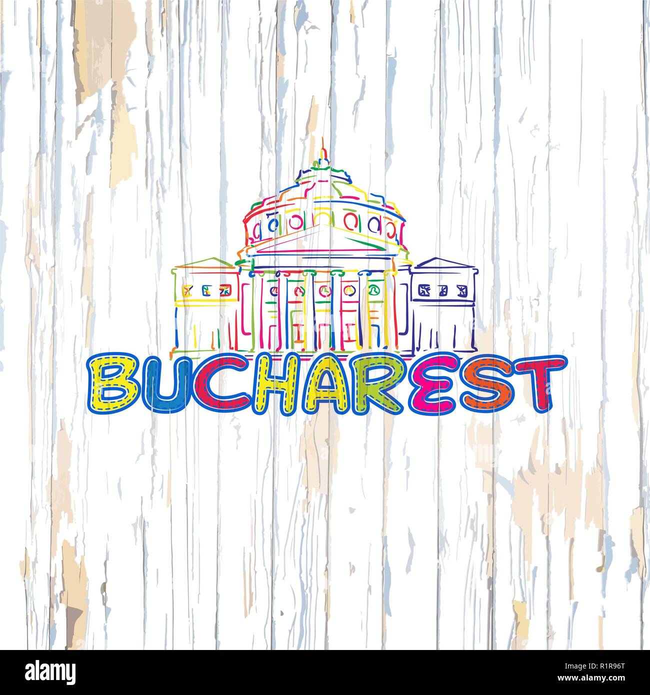 Colorful Bucharest drawing on wooden background. Hand drawn vector ...