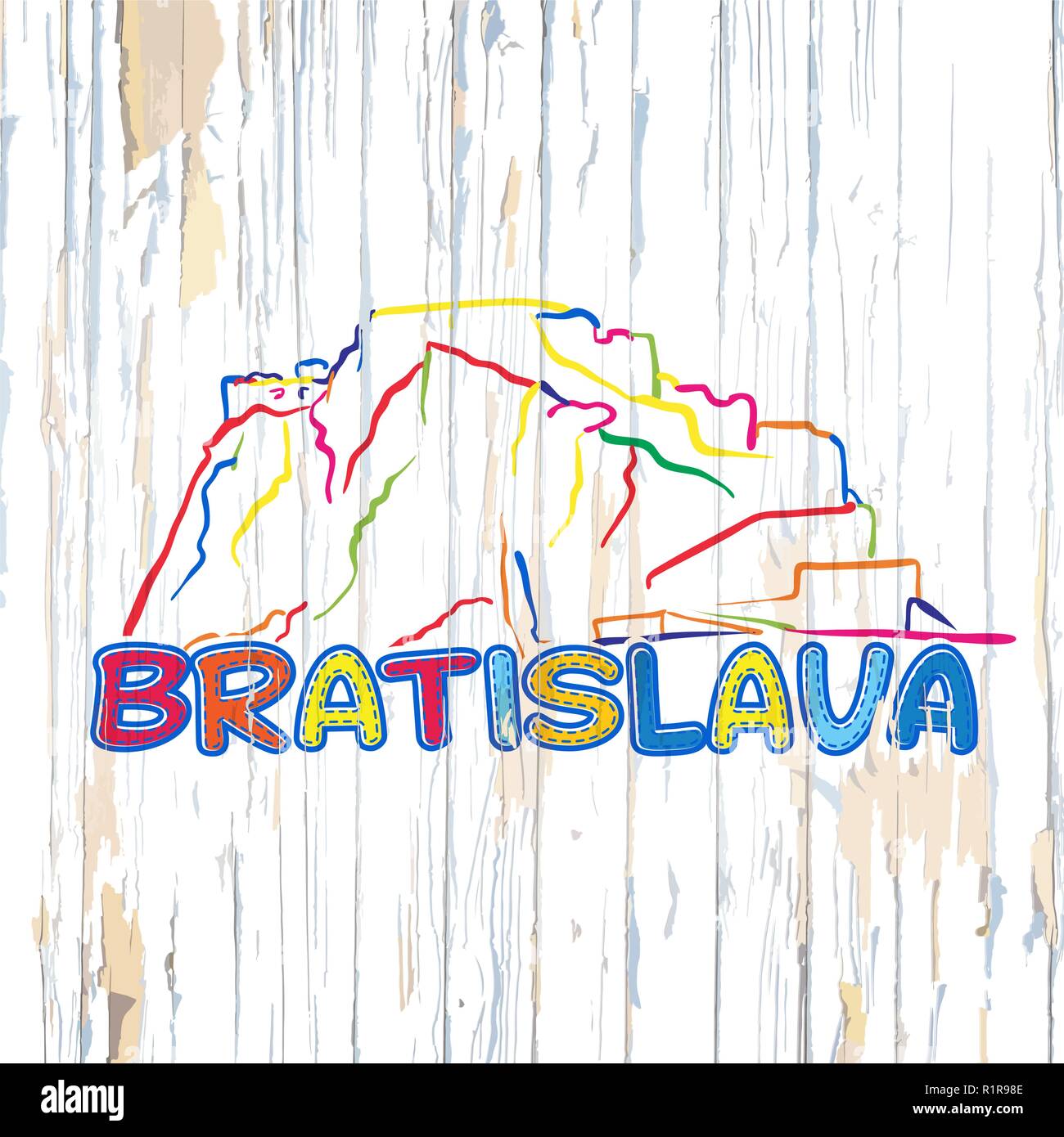 Colorful Bratislava drawing on wooden background. Hand drawn vector ...