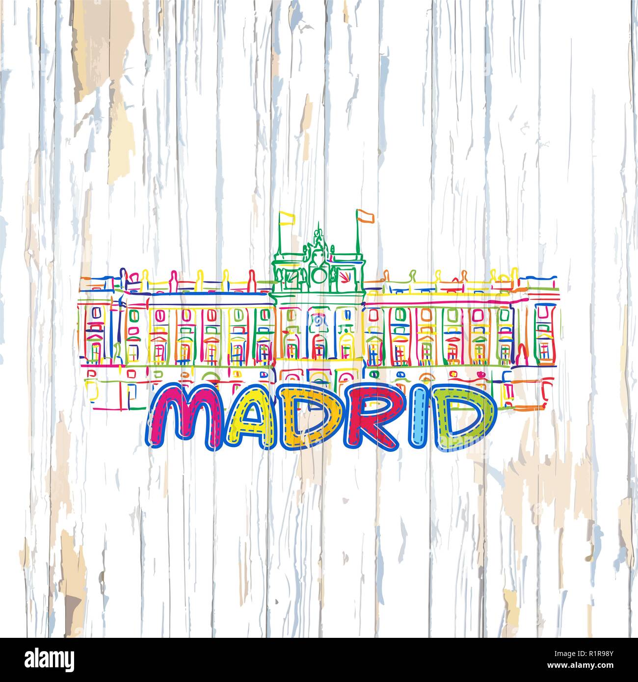 Colorful Madrid drawing on wooden background. Hand drawn vector ...