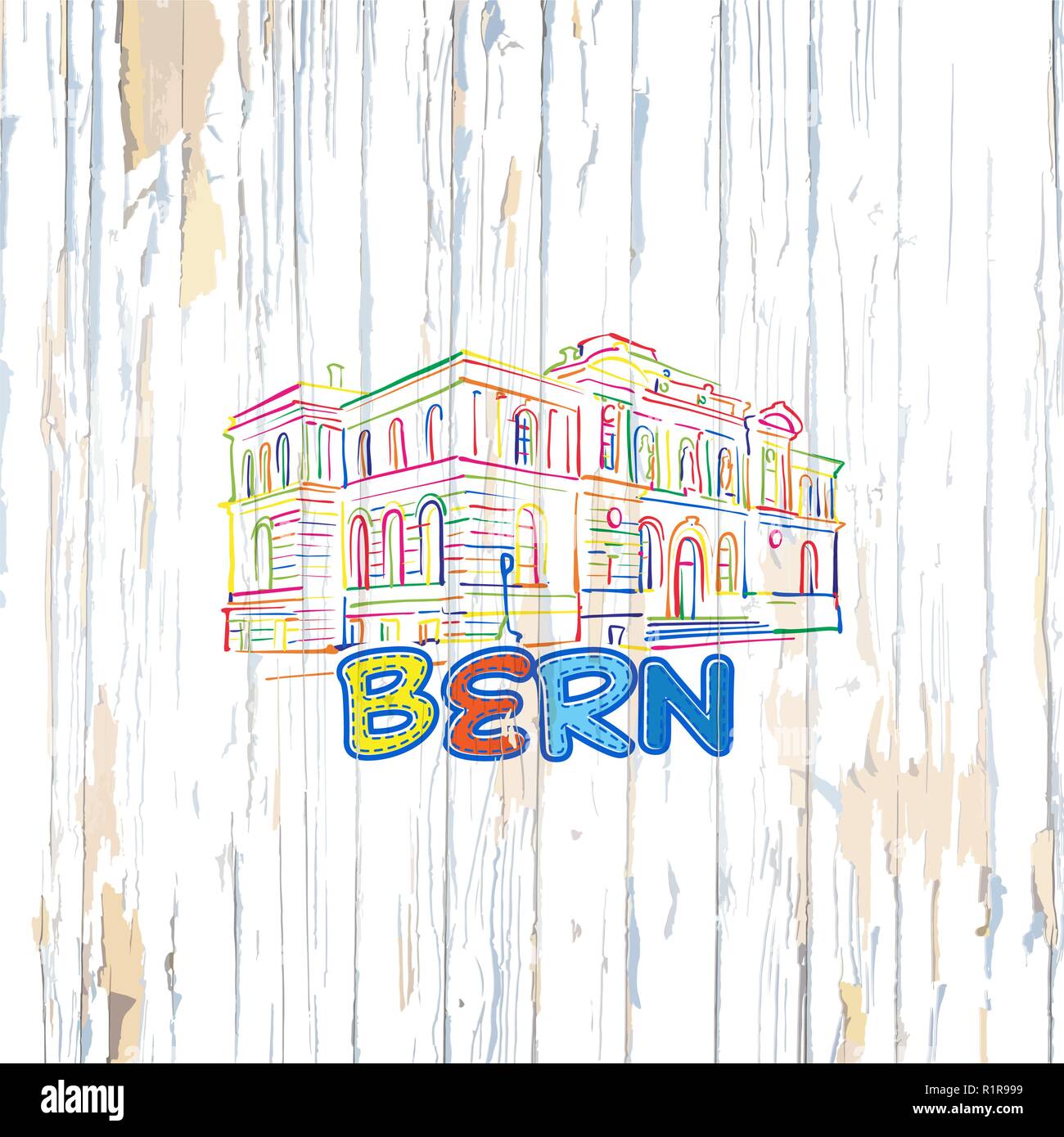 Colorful Bern drawing on wooden background. Hand drawn vector ...