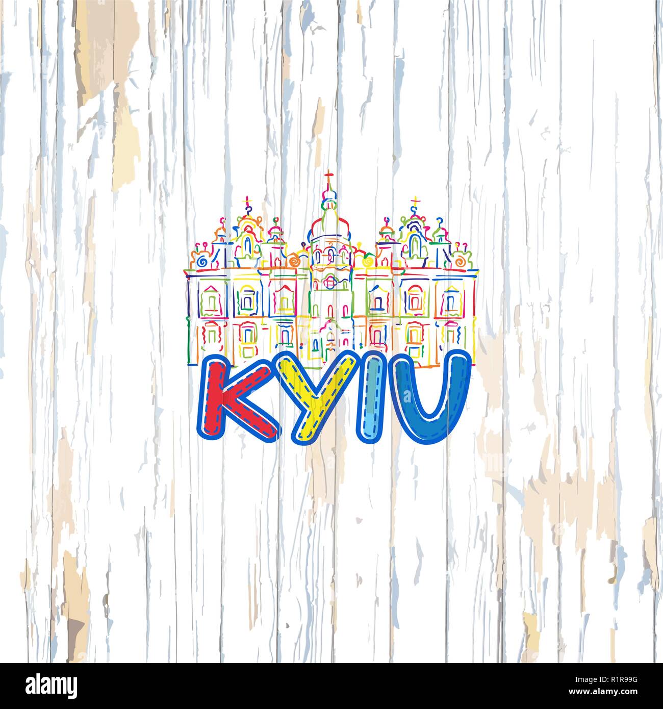 Colorful Kyiv drawing on wooden background. Hand drawn vector ...