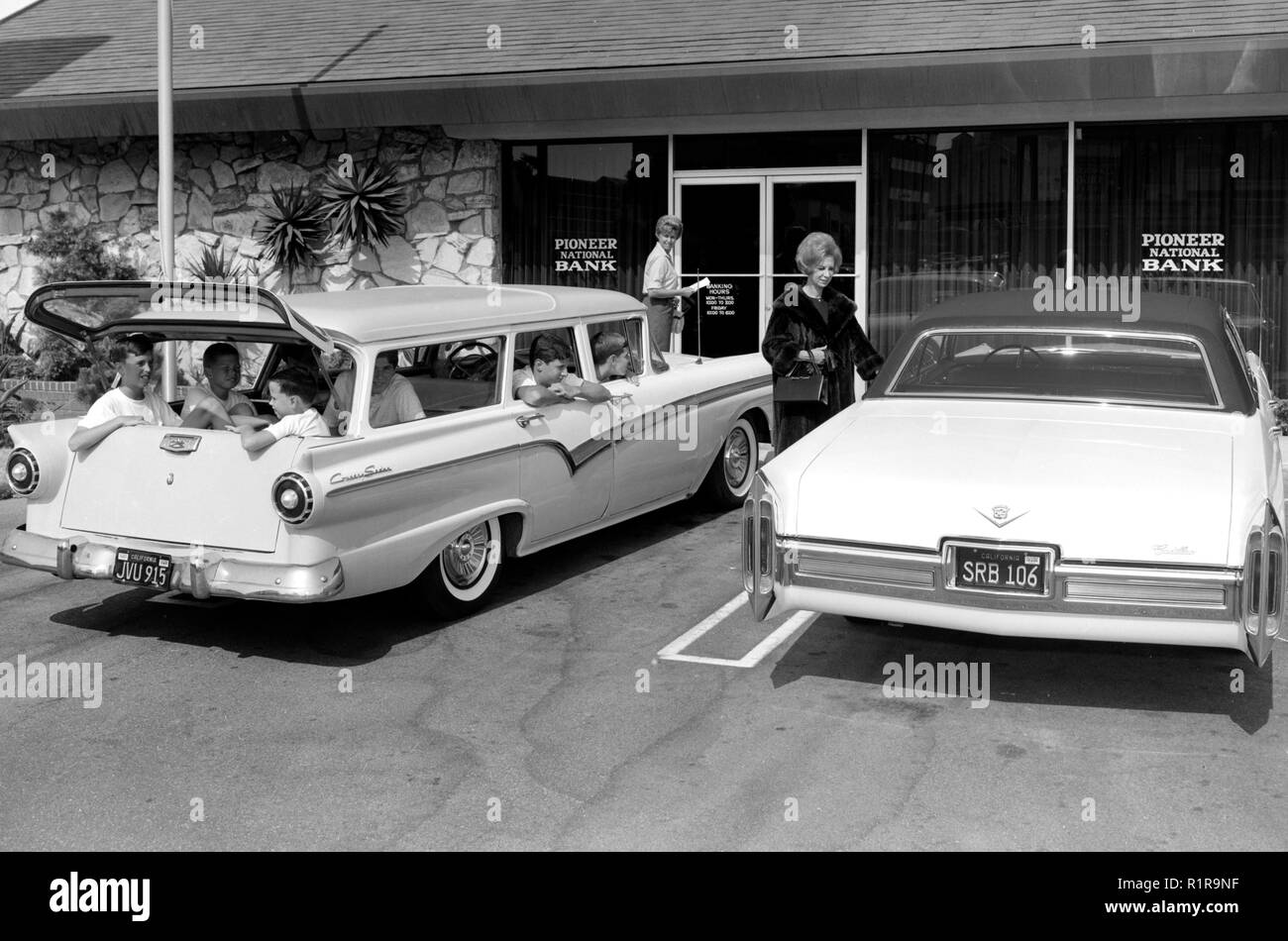 Parking lot of a California bank, ca. 1966 Stock Photo - Alamy