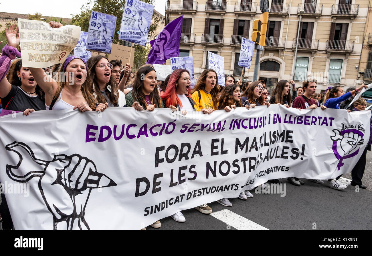 The demonstration of students with a large banner is seen as it passes ...