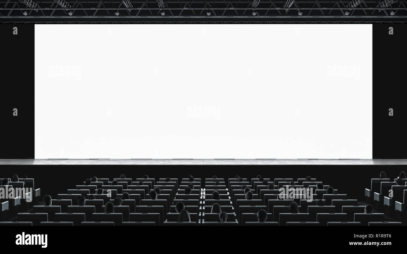 Cinema hall with auditorium watching movie on blank screen mockup ...