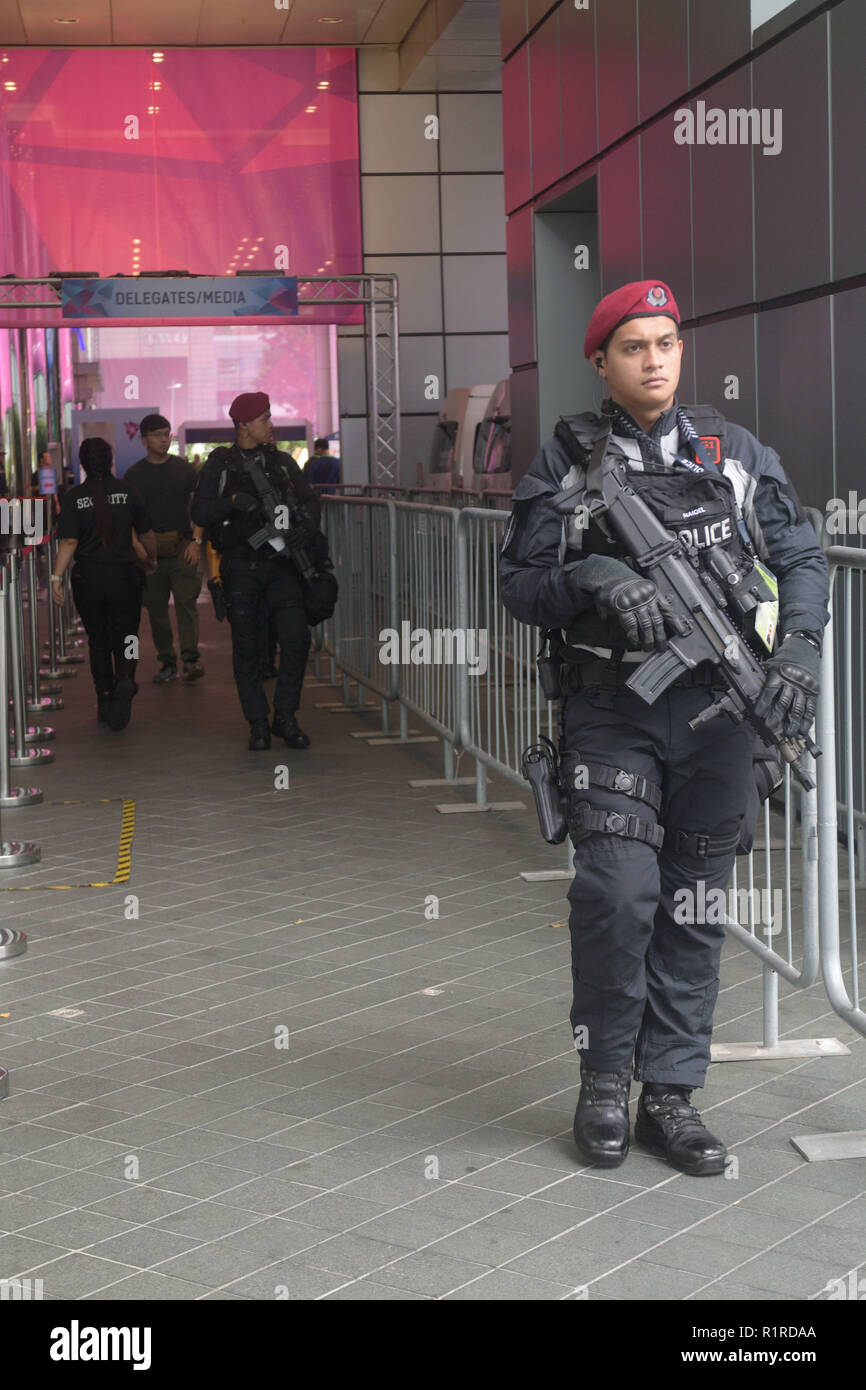 Singapore. 14th Nov, 2018. Soldiers patrol the venue of the Association ...