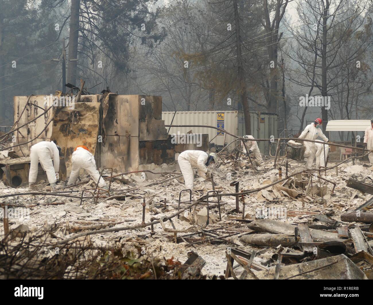 Paradise, USA. 13th Nov, 2018. Rescue workers search the burned rubble ...
