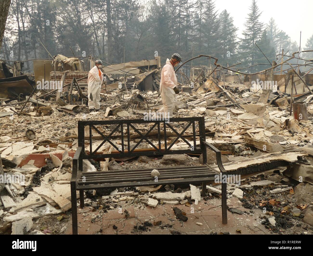 Paradise, USA. 13th Nov, 2018. Rescue workers search the burned rubble ...