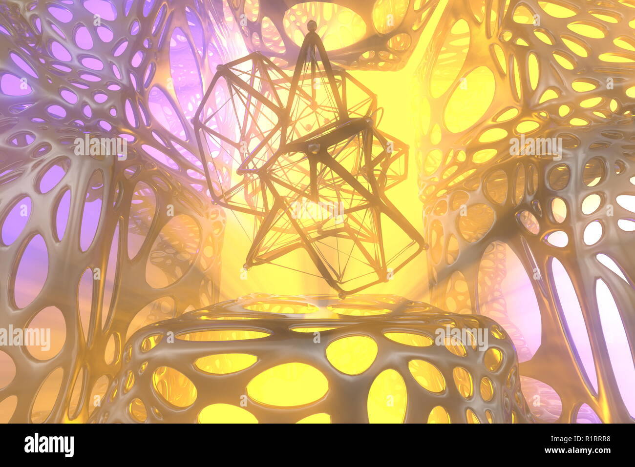 Abstract 3d rendering concept of high poly atomic sphere with chaotic ...