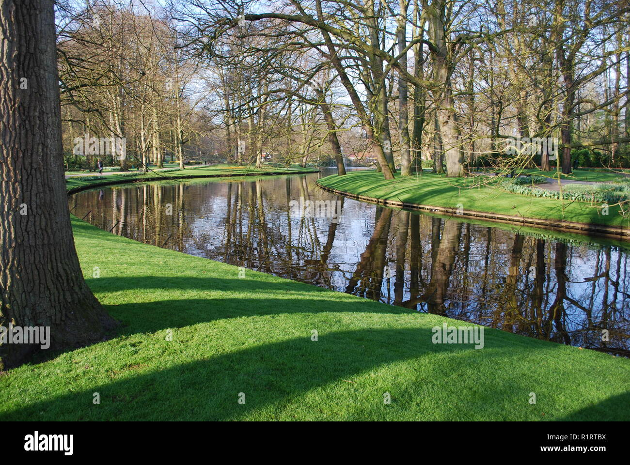 Spring sunny landscape with park view (plants, river, green grass Stock ...