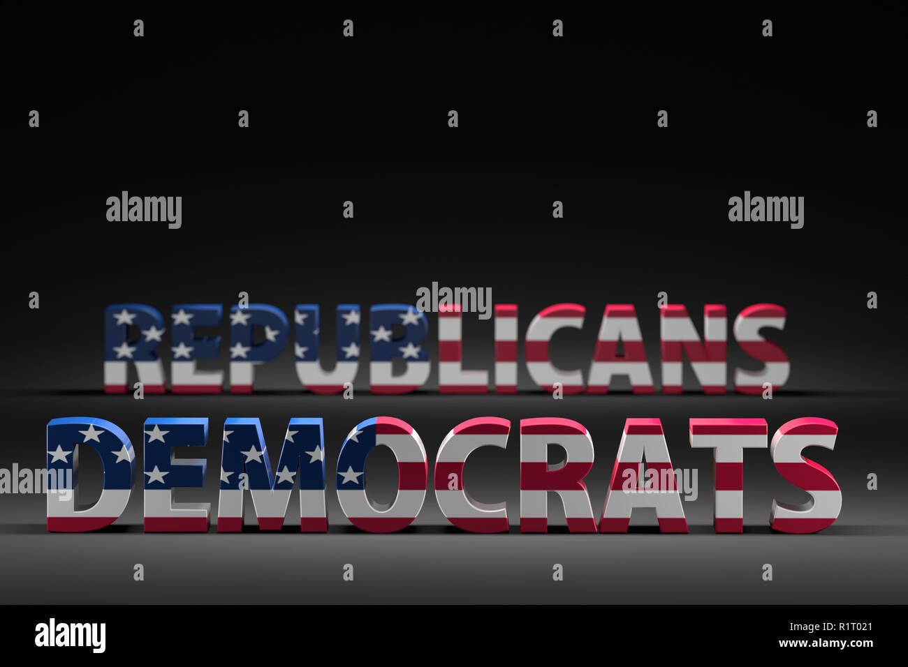 3D render of Democrats vs Republicans words with superimposed American ...