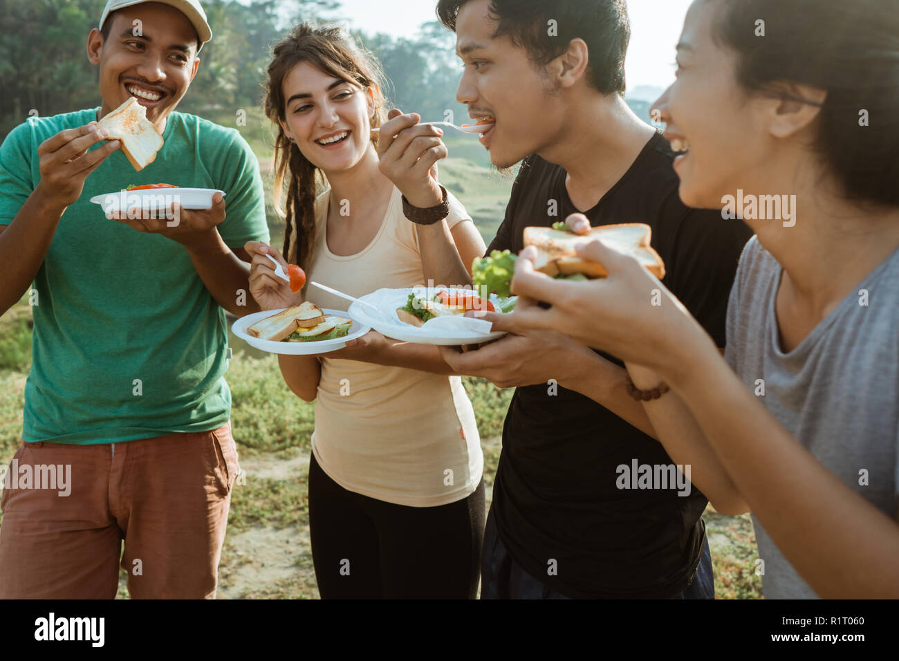 enjoy happy breakfast in the morning, with friends enjoy standing ...