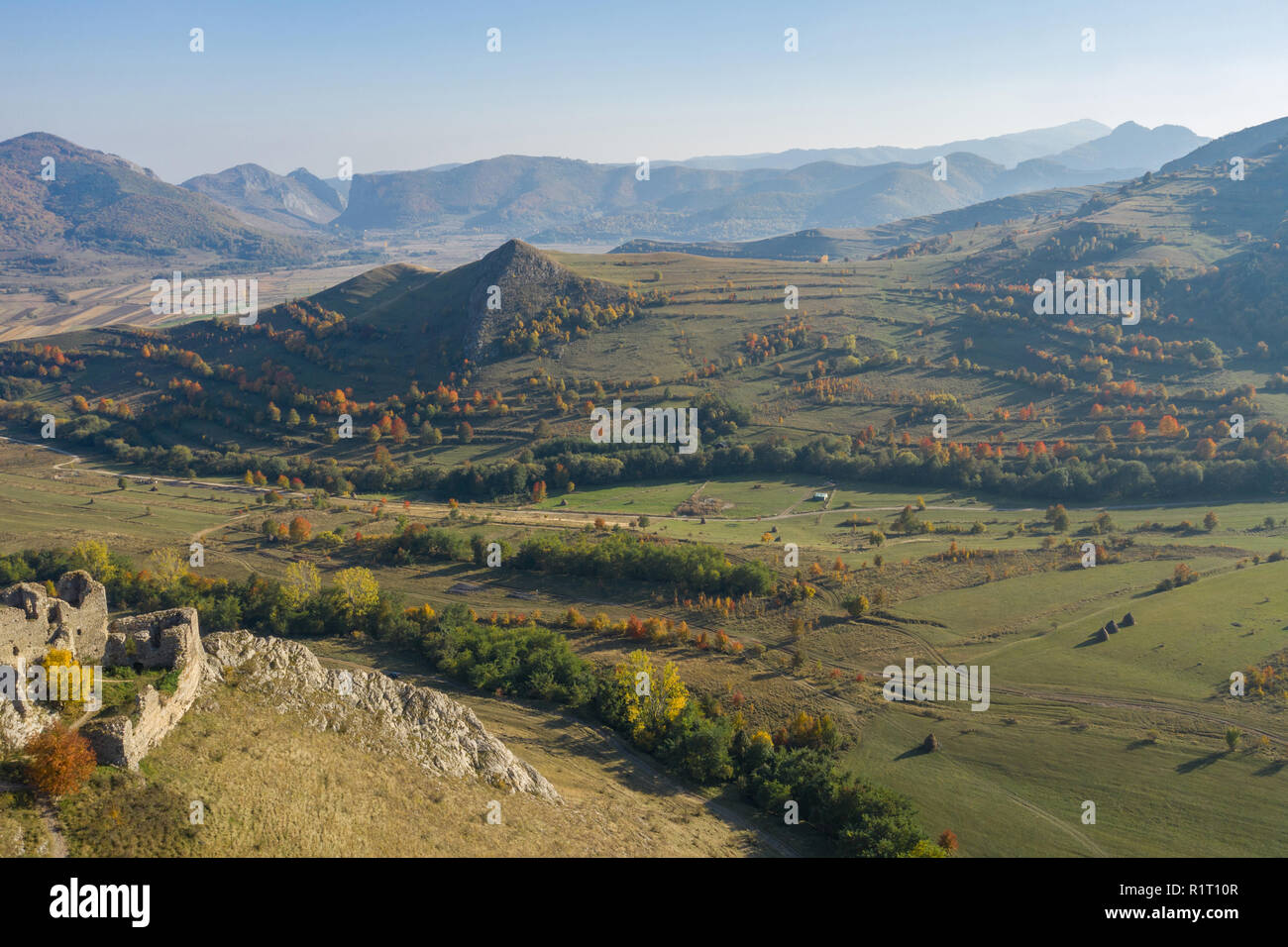 Aerial view of the medieval fortress of Coltesti (Torockoszentgyorgy ...