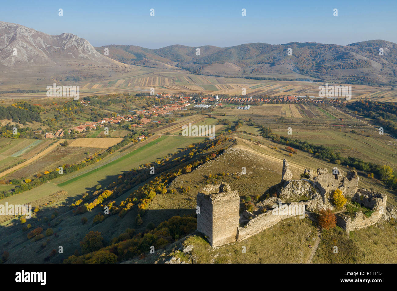 Aerial view of the medieval fortress of Coltesti (Torockoszentgyorgy ...