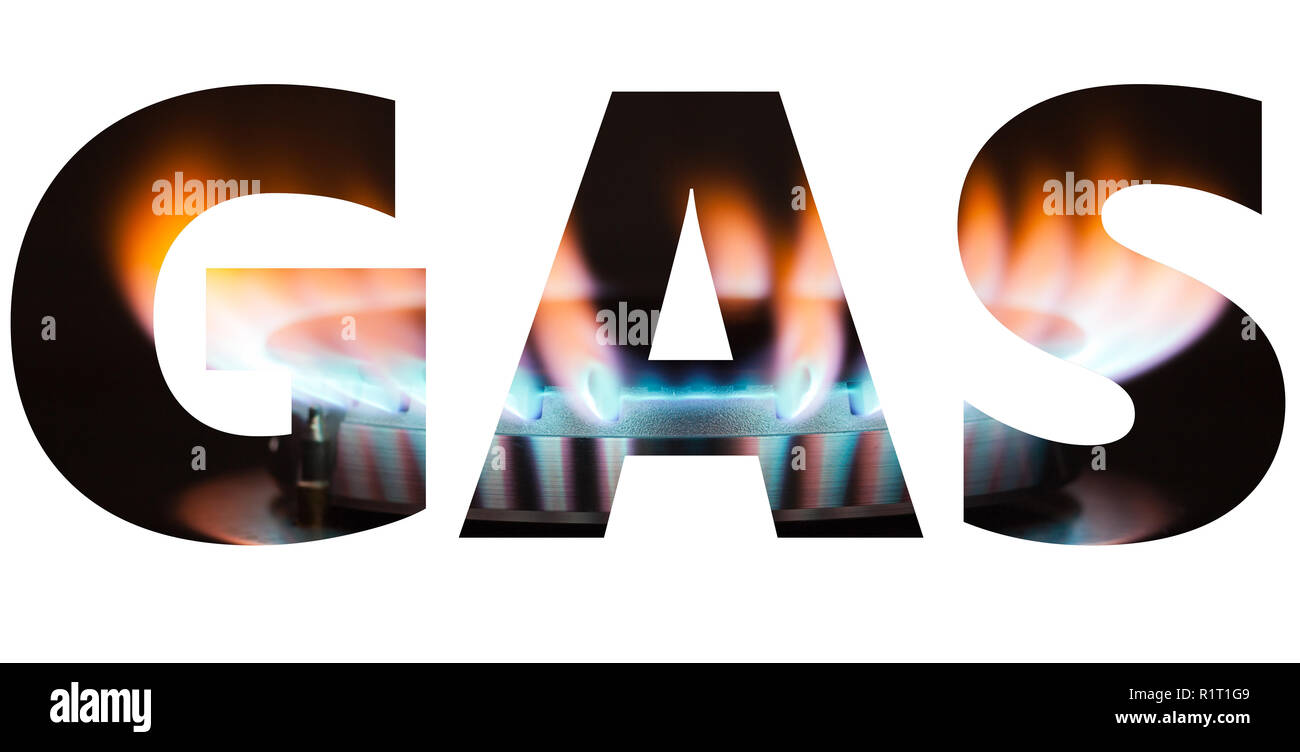 Gas word with burner flame background isolated on white Stock Photo - Alamy
