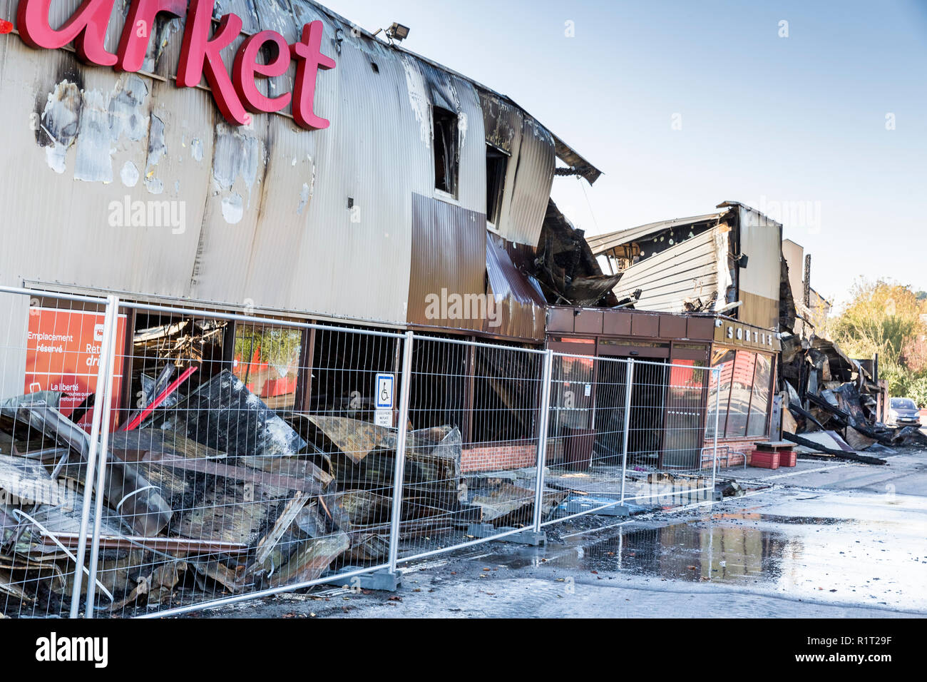 DUCLAIR, FRANCE - OCTOBER Circa, 2018 : Damaged CARREFOUR MARKET ...