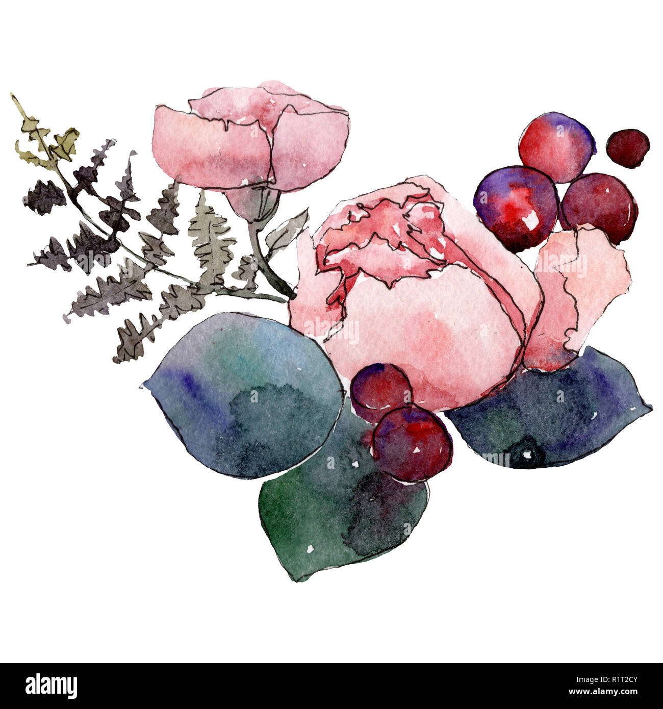 Red botanical flower. Isolated bouquet illustration element. Green leaf ...