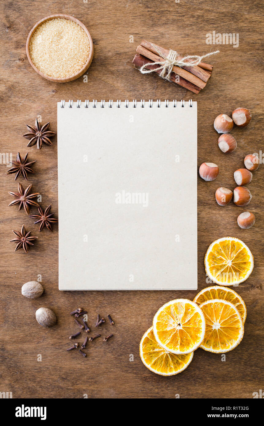 Notebook for writing recipe or menu. Culinary background Stock Photo ...