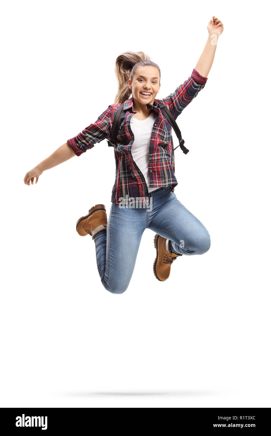 Happy female student jumping isolated on white background Stock Photo ...