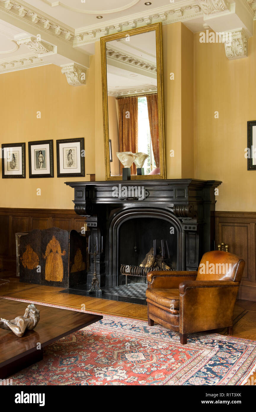 Fireplace in yellow and brown toned living room Stock Photo - Alamy