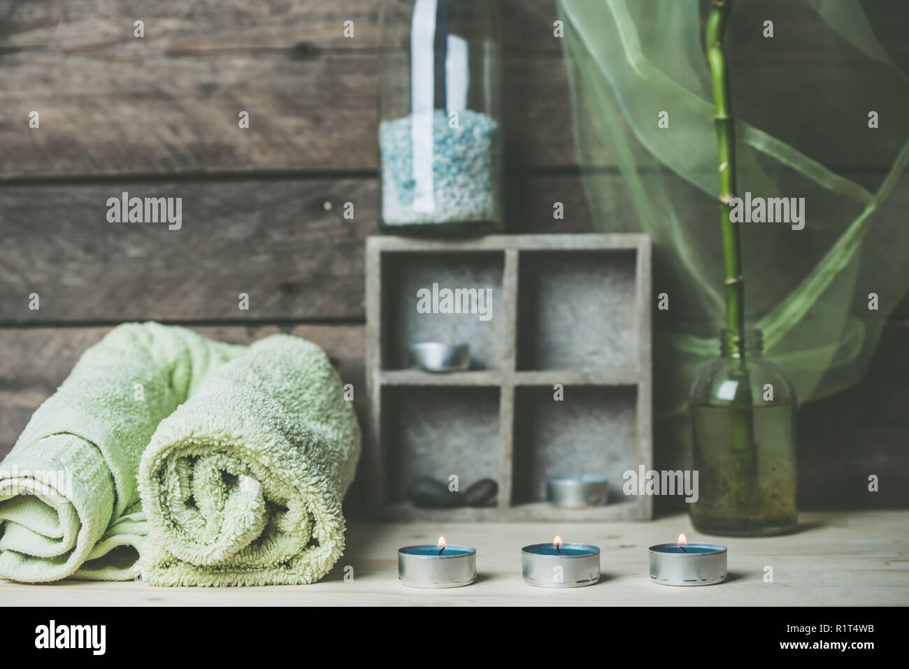 a moment to relax, natural spa and wellness background, raw wood ...
