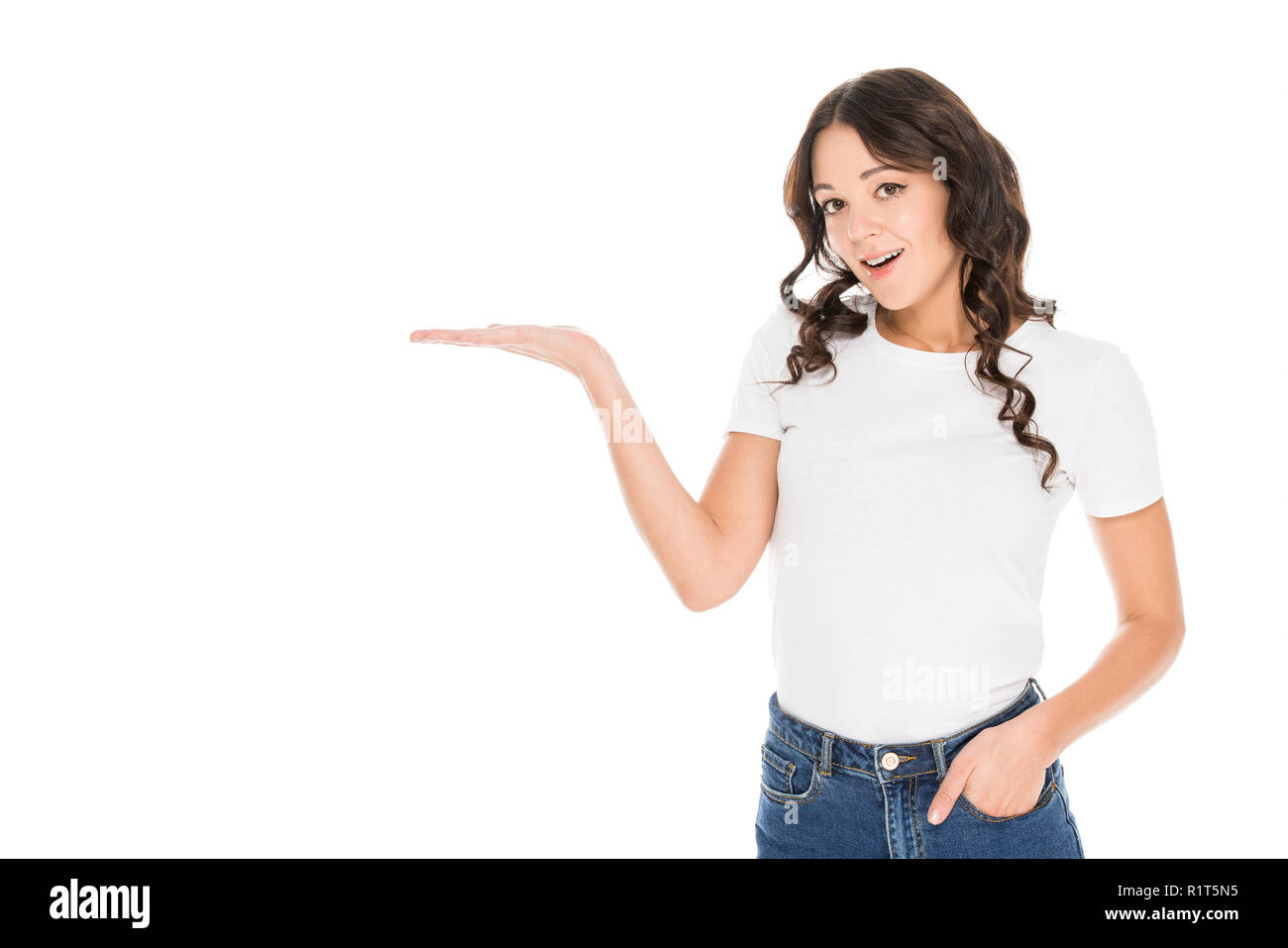 happy beautiful girl presenting something isolated on white Stock Photo ...