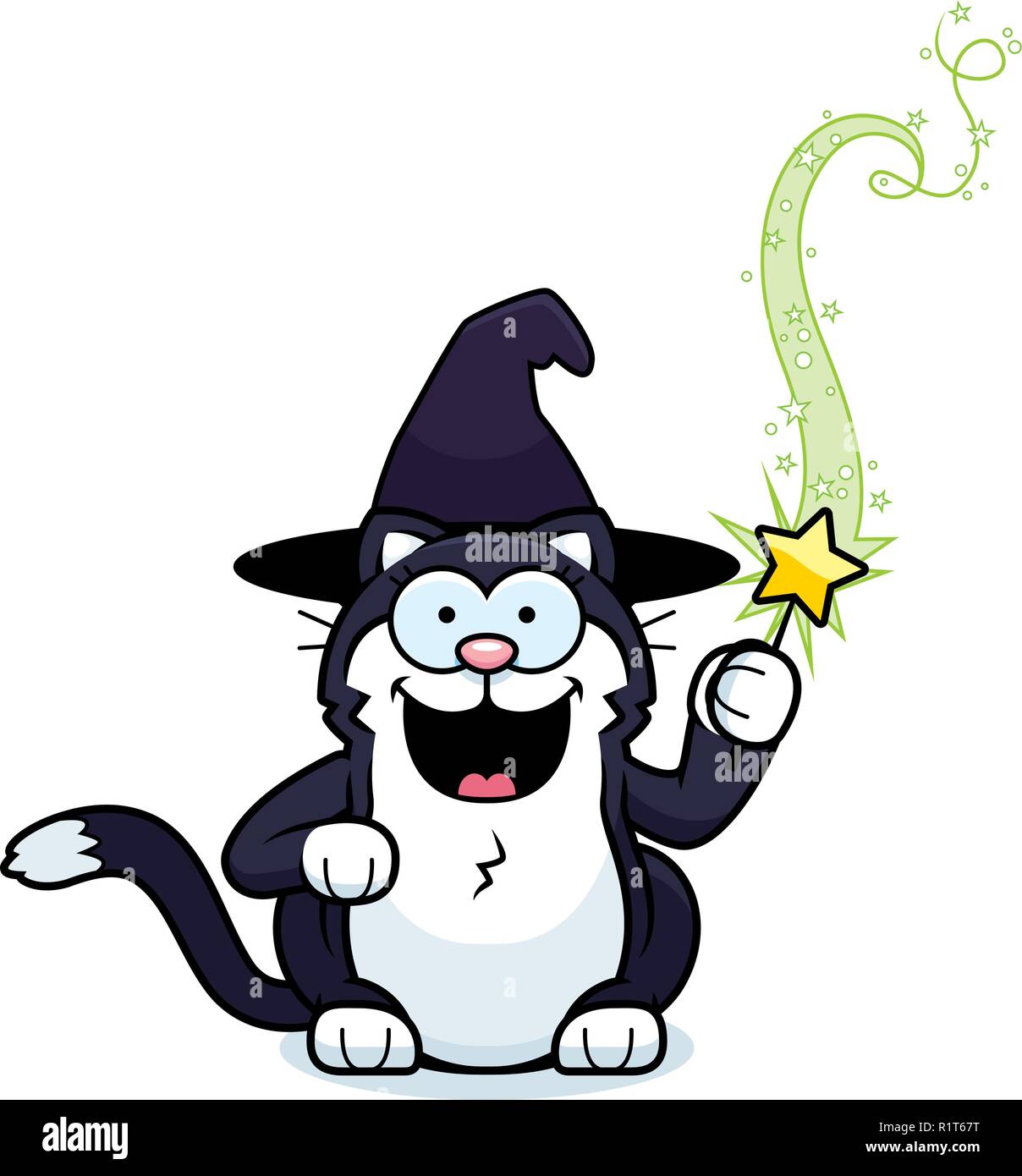 A cartoon illustration of a little witch cat casting a magic spell ...