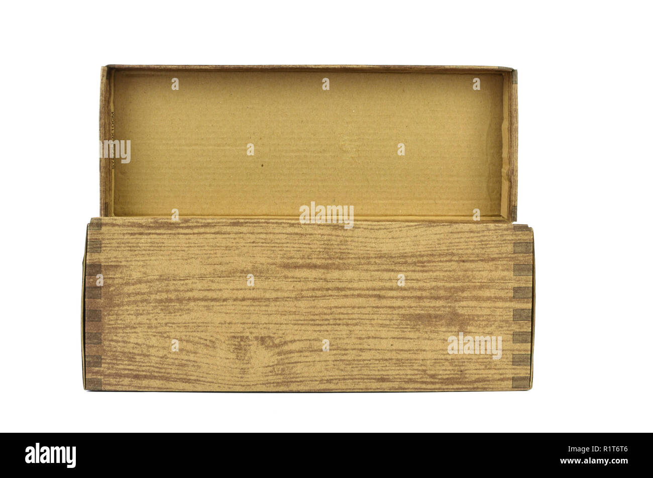 Open cardboard box with a wooden pattern isolated on white background ...