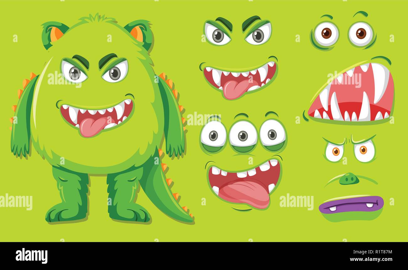 Green monster with different facial expression illustration Stock ...