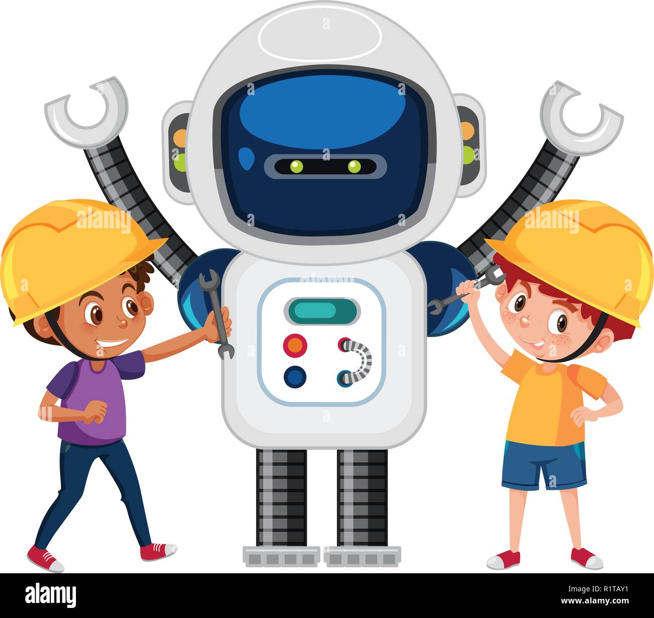 Boys playing with robot illustration Stock Vector Image & Art - Alamy