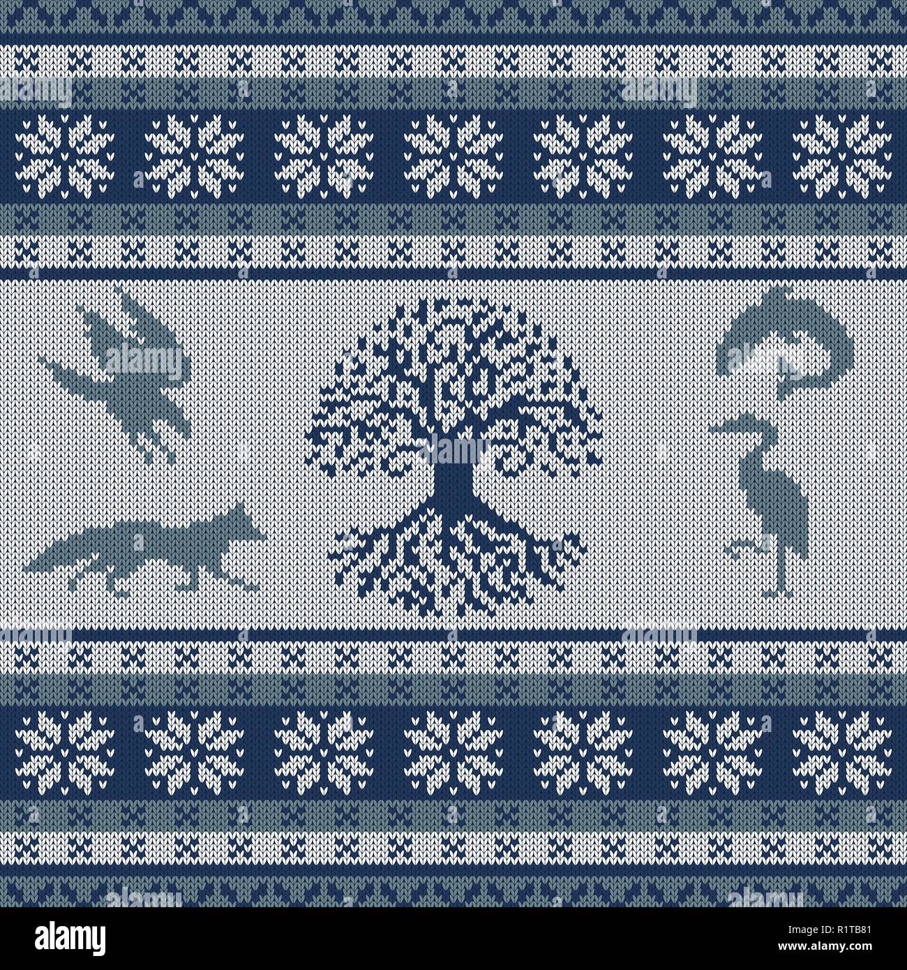 Knit seamless woolen ornament with Celtic totem animals and the Tree of ...