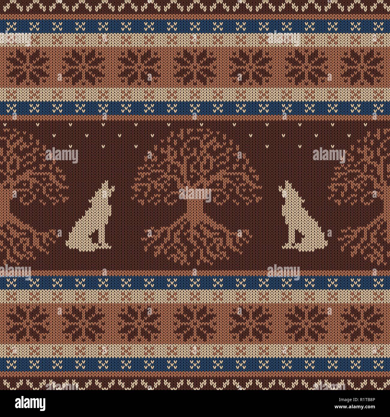 Winter knitted woolen seamless pattern with Tree of life and howling ...