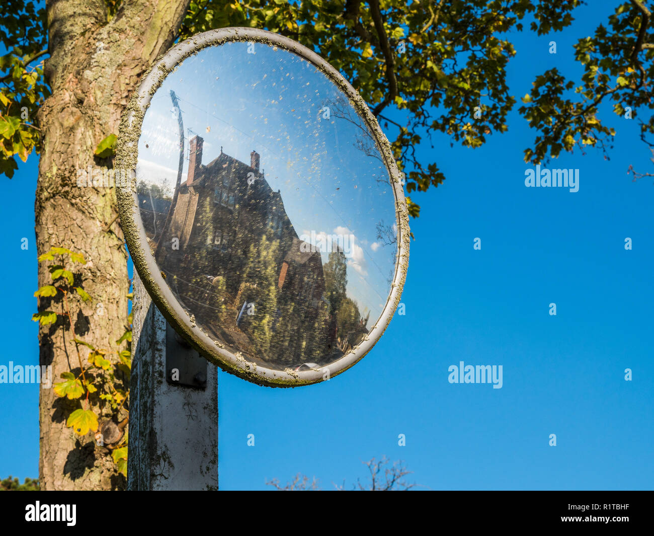 Old flyblown convex glass road safety mirror over tree with house ...