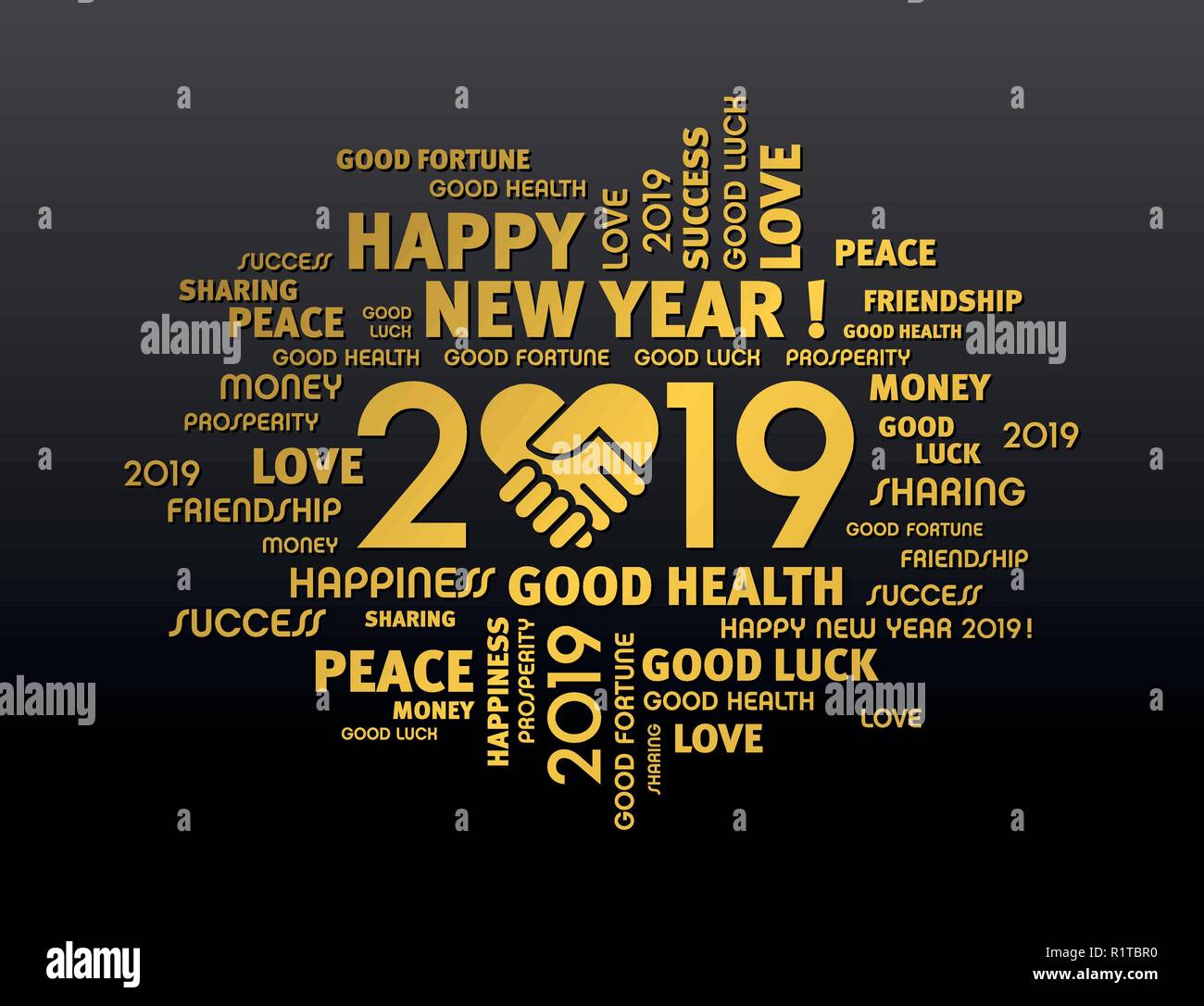 Gold greeting words around New Year date 2019, composed with a ...